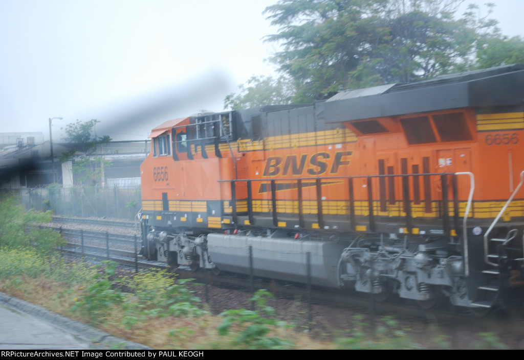 BNSF 6656 caught through the windshield as she heads west towards the BNSF San Bernardino yard ...